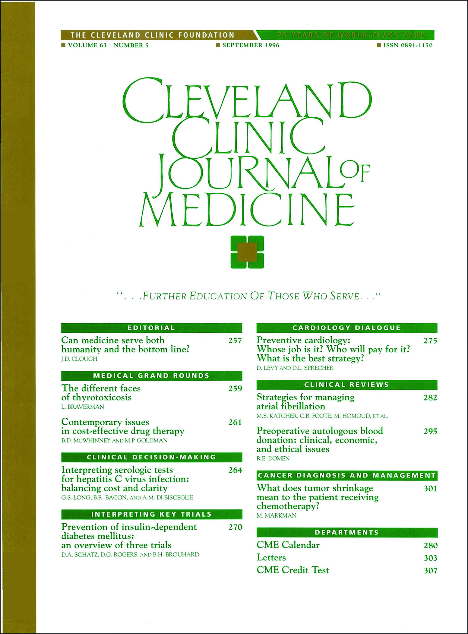 Table of Contents — September 01, 1996, 63 (5) | Cleveland Clinic ...